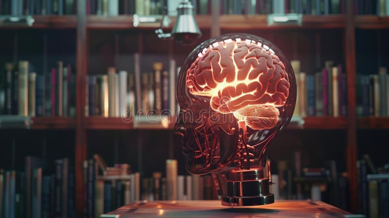 A Glowing Brain Sits on a Desk in a Library the Brain is Made of Glass ...