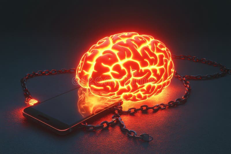 Glowing Brain and Smartphone Surrounded by Chains Reflecting Technology ...
