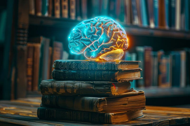 Glowing Brain on a Stack of Books in the Library, Self Education ...