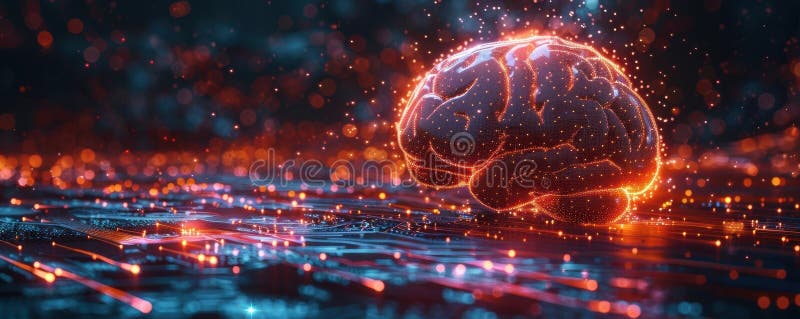 Glowing Brain Surrounded by Dynamic Red and Blue Lights, Creating a ...