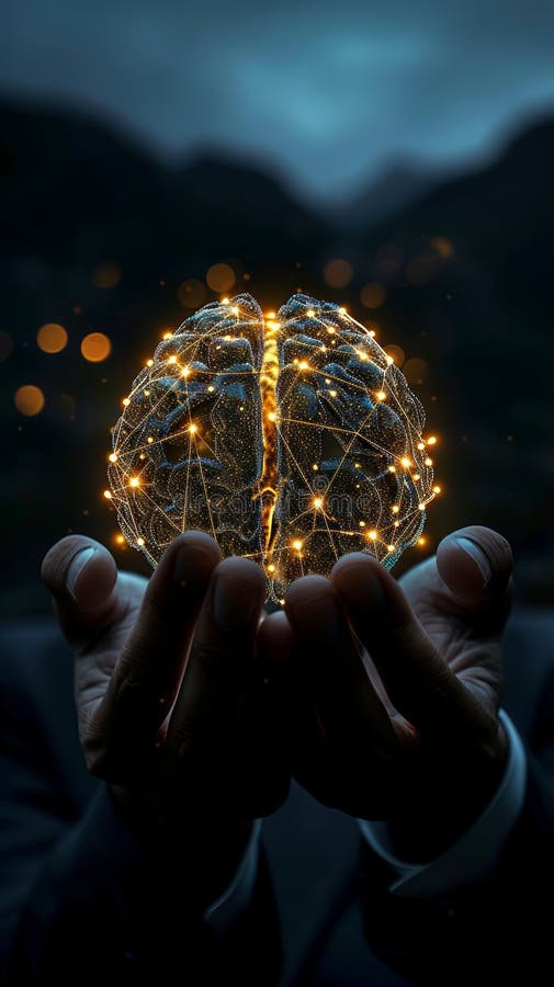 Illuminated Brain in Hands at Night, Signifying Connection, Innovation ...