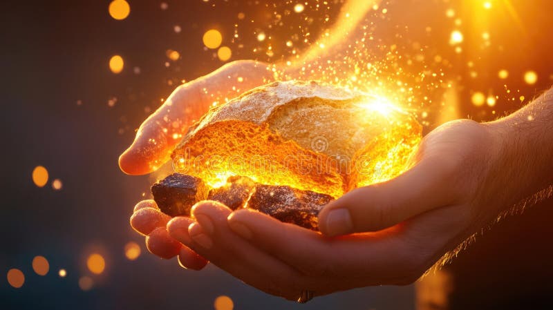 Glowing Bread in Hands with Golden Light and Sparks. First-Foot Day ...