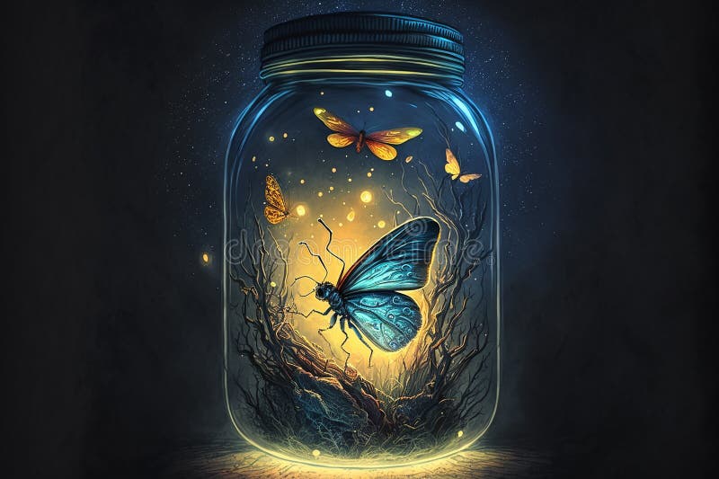 Glowing Bug Firefly Butterfly Coming Out of Jar Stock Illustration ...