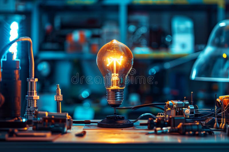 Glowing Bulb Amidst Electronic Tools on a Table Stock Photo - Image of ...