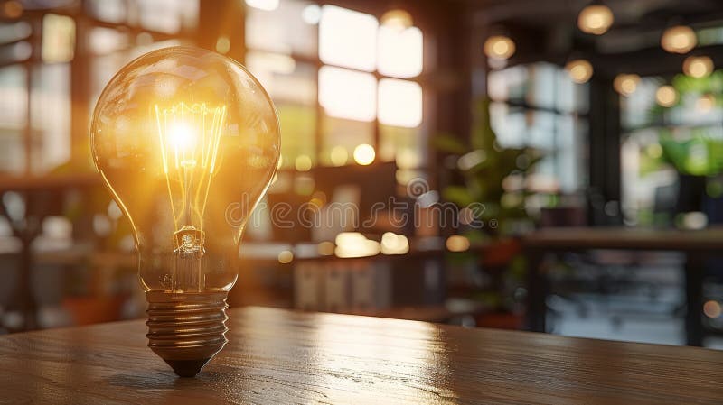 A Glowing Bulb on an Office Workplace, Representing a Creative Idea for ...
