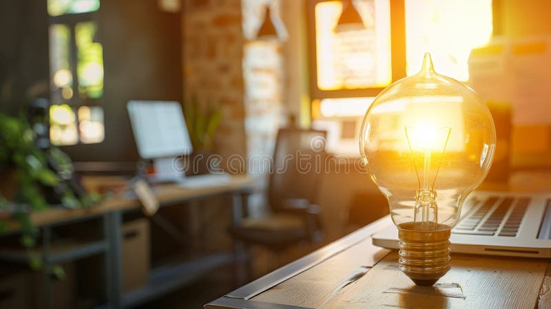 A Glowing Bulb on an Office Workplace, Representing a Creative Idea for ...