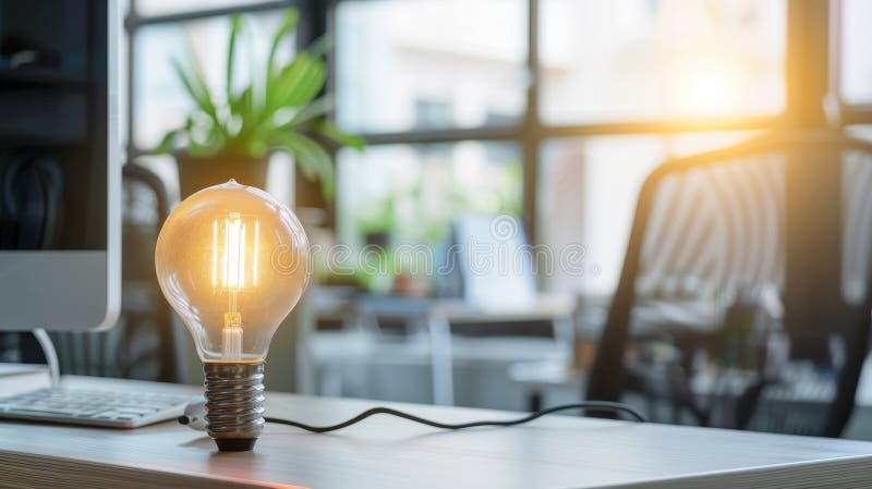 A Glowing Bulb on an Office Workplace, Representing a Creative Idea for ...