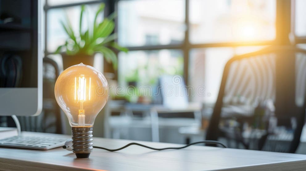 A Glowing Bulb on an Office Workplace, Representing a Creative Idea for ...