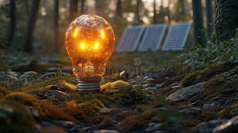 Glowing Bulb, Solar Panels, Forest, Energy Concept Stock Illustration ...