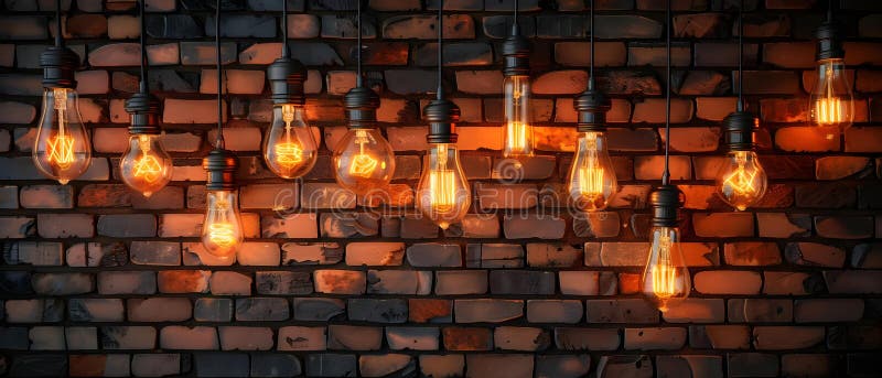 Glowing Bulbs on Brickwork: a Study in Light and Texture. Concept ...