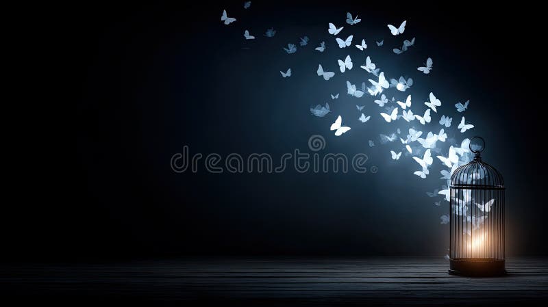 Glowing Butterflies Escape Head Shaped Cage, Symbolizing Freedom Stock ...