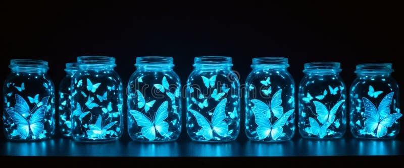 Glowing Butterflies in Mason Jars on a Dark Background Stock Photo ...