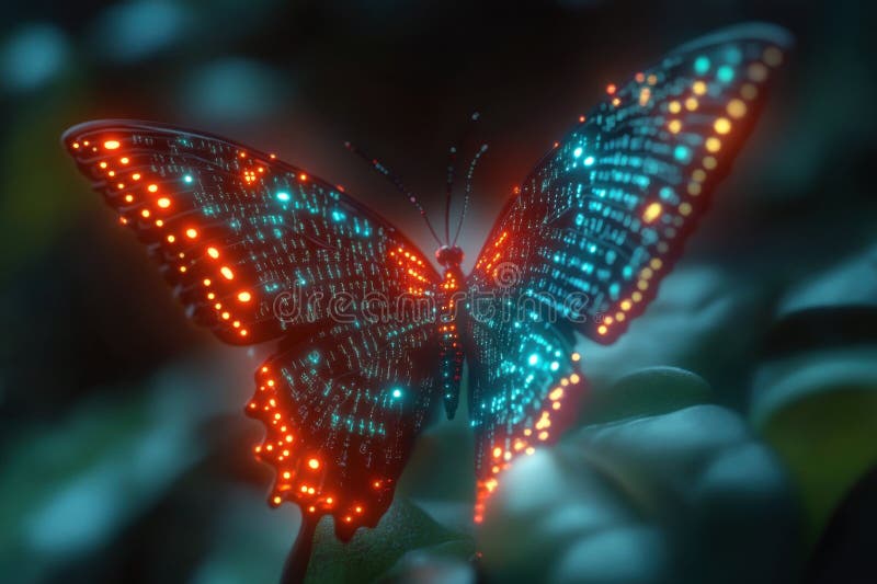 A Glowing Butterfly Made of Delicate Binary Code Amidst Lush Foliage at ...