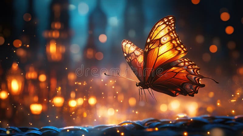 Glowing Butterfly in Magical City at Night Stock Illustration ...