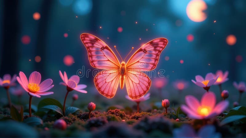 Glowing Butterfly in a Magical Forest Stock Illustration - Illustration ...