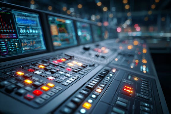 Glowing Buttons Illuminate the Control Panel while Multiple Monitors ...