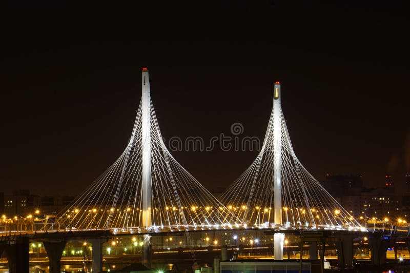 Glowing Cable-stayed Bridge Supports Against the Night Sky Stock Image ...
