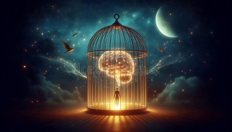 Glowing Cage with a Human Brain Floating Inside, Symbolizing ...