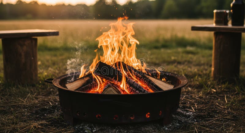 Glowing Campfire Burning in Fire Pit at Sunset with Rustic Benches in ...