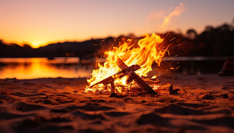 Glowing Campfire Burning in the Summer Sunset Generated by AI Stock ...