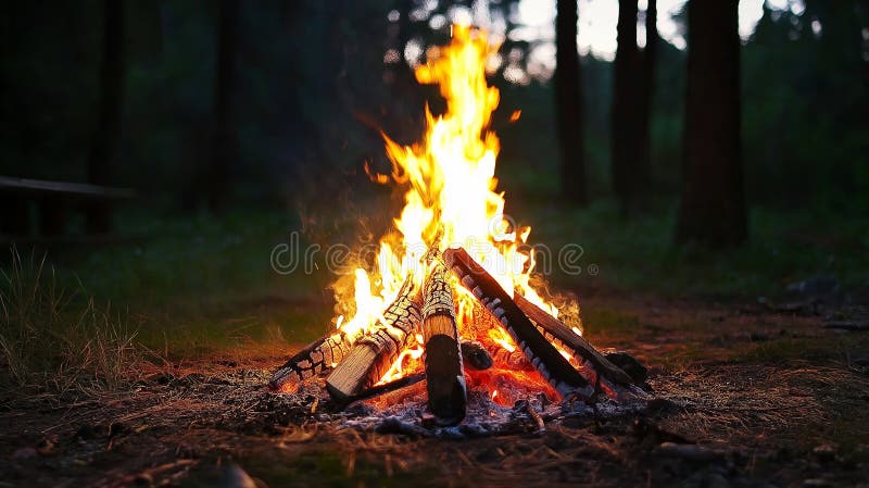 Glowing Campfire in Dark Forest Casting a Warm Light on the Surrounding ...