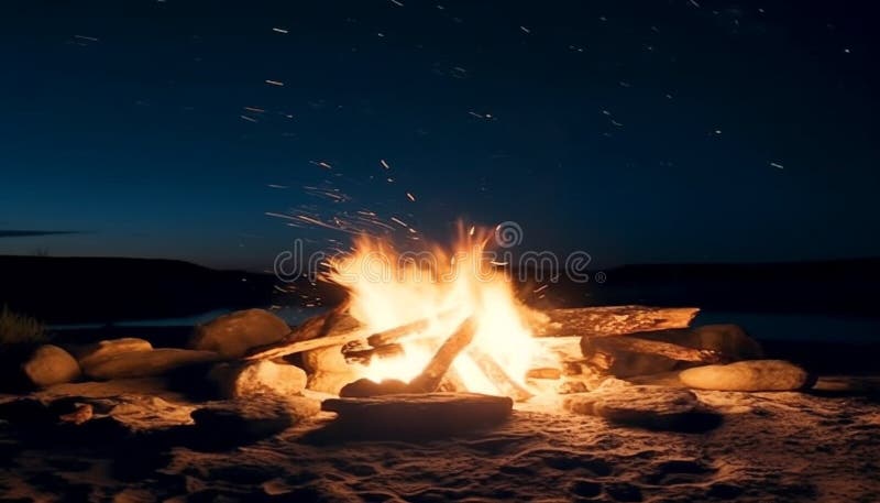Glowing Campfire Igniting Wood, Heat and Smoke in Tranquil Dusk ...