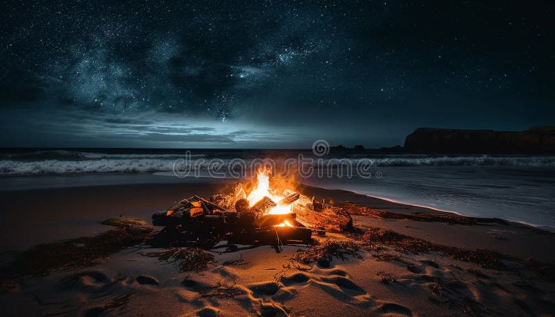 Glowing Campfire Lights Up Dark Winter Landscape Generated by AI Stock ...