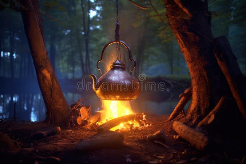 Glowing Campfire with Mate Tea Kettle Hanging Above Stock Photo - Image ...