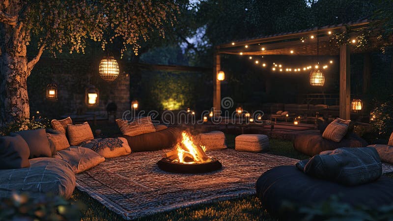 A Glowing Campfire Setup Styled in a Cozy Outdoor Area with Soft Stock ...