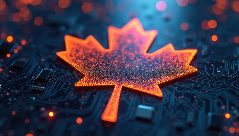 Glowing Canadian Maple Leaf Circuit Board Design, Representing Digital ...