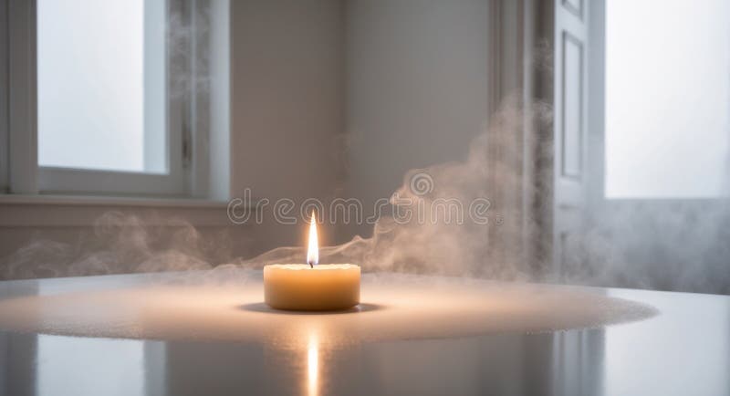 A Glowing Candle Illuminates a Misty Room with Soft Light. Stock Photo ...