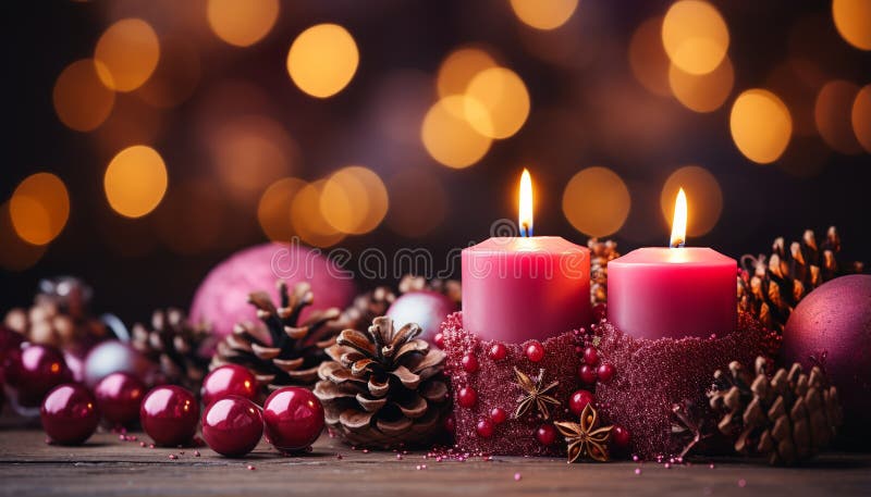 Glowing Candle Illuminates Winter Celebration, Brightening Dark Night ...