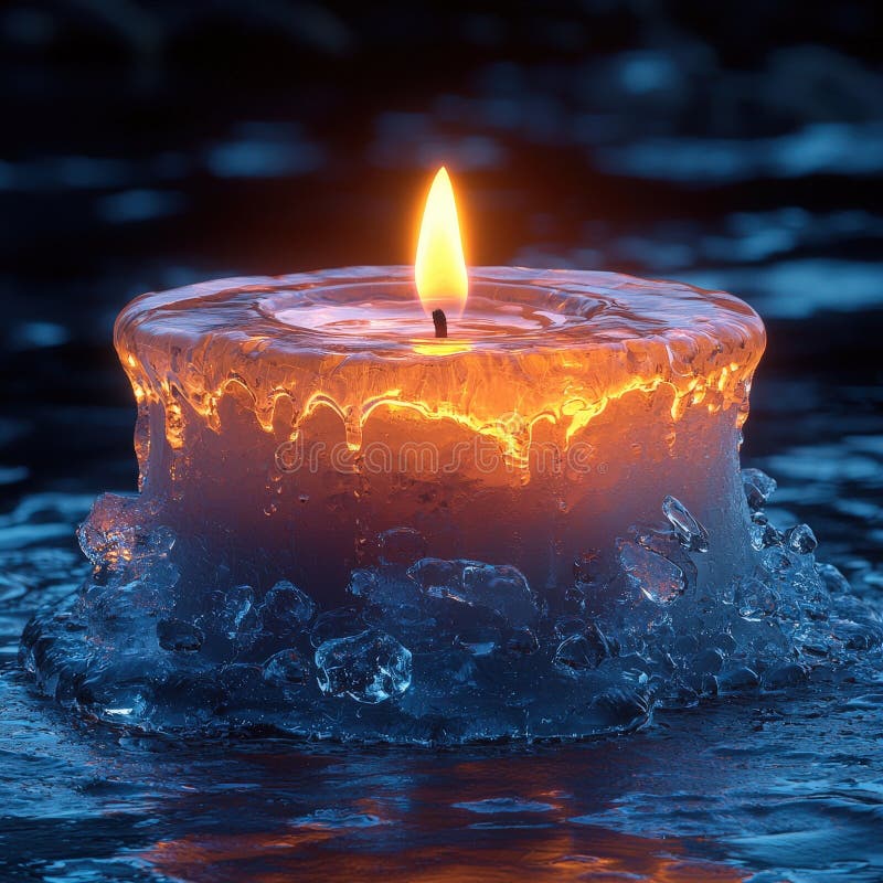 Illuminated Candle with Ice Formation on Water Surface Stock Photo ...