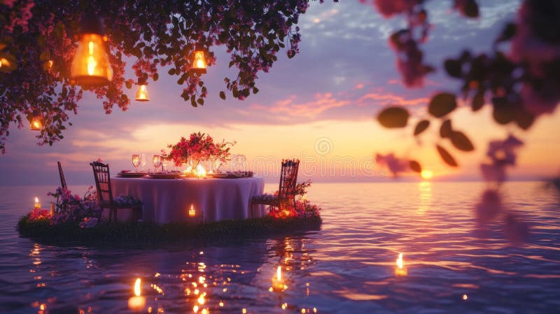 Glowing Candles Line the Water S Edge Around a Small Pool Platform, on ...