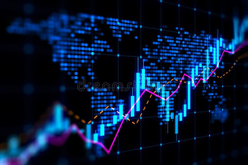 Glowing Candlestick Forex Chart Map Hologram on Background. Trade and ...