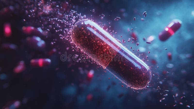 Glowing Capsule Dispersing Particles in Dark Space Stock Illustration ...
