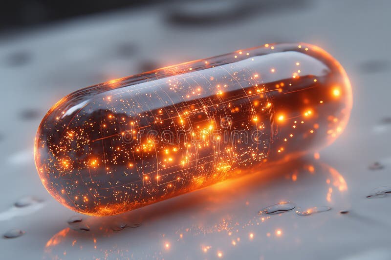 Futuristic Capsule Glowing with Digital Sparks Resting on a Reflective ...