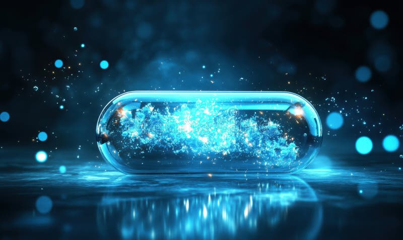 Glowing Capsule Filled with Sparkling Blue Particles in a Mystical ...