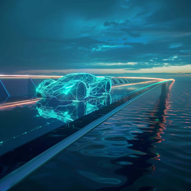 Glowing Car Made of 3d Triangular Polygons Rides on a Bridge Stock ...