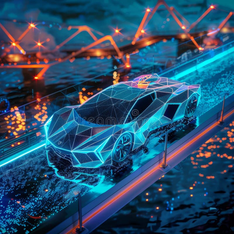 Glowing Car Made of 3d Triangular Polygons Rides on a Bridge Stock ...