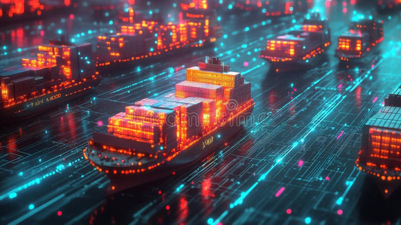 Glowing Cargo Ships in a Digital Network Stock Illustration ...