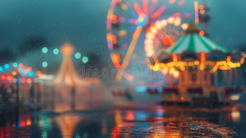 Glowing Carnival Rides in a Foggy Defocused Settin Stock Image - Image ...