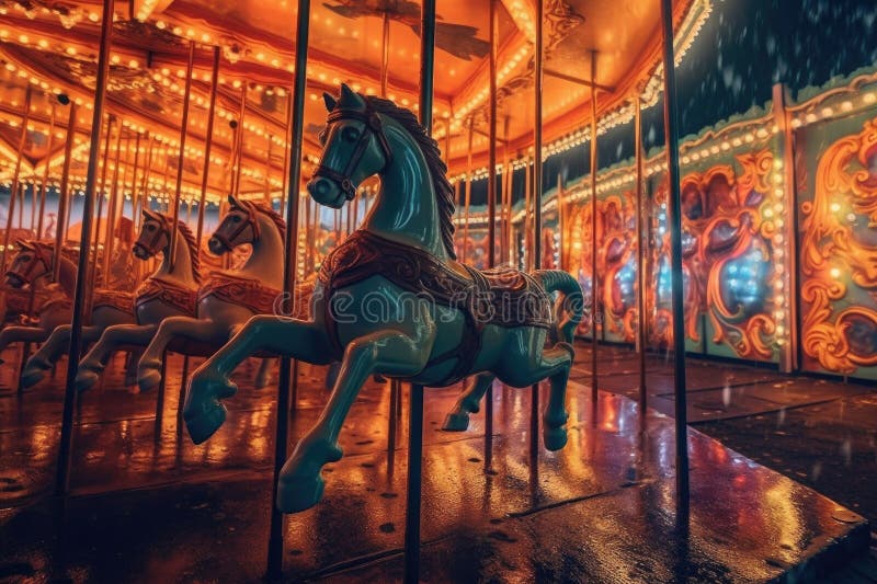Glowing Carousel Horses Under Carnival Night Lights Stock Illustration ...
