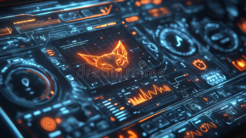 Glowing Cat Symbol on Futuristic Tech Interface Stock Illustration ...