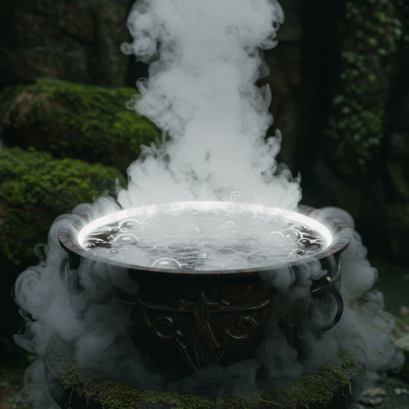 Glowing Cauldron with Rising Smoke in Dark Mystical Setting Stock ...