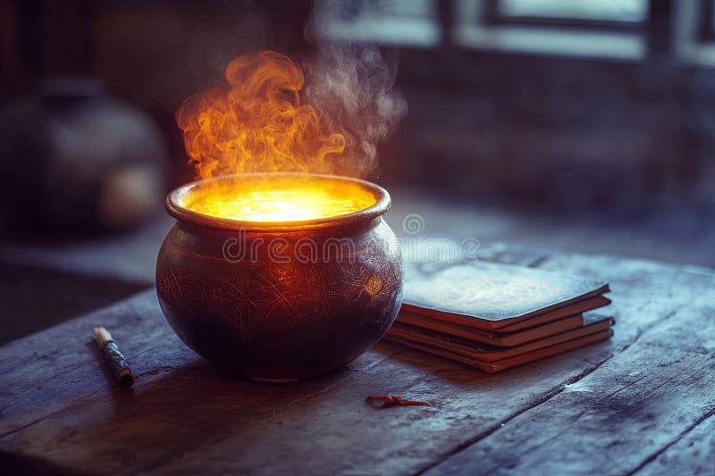 A Glowing Cauldron Styled on a Clean Wooden Table with a Small Stack ...