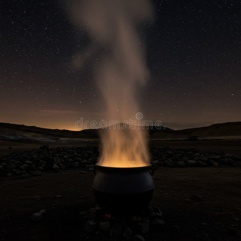 Glowing Cauldron Under Night Sky Stock Illustration - Illustration of ...