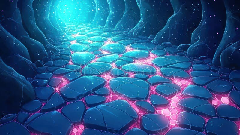 A Glowing Cave Pathway with Sparkling Stones Leading To a Bright Light ...
