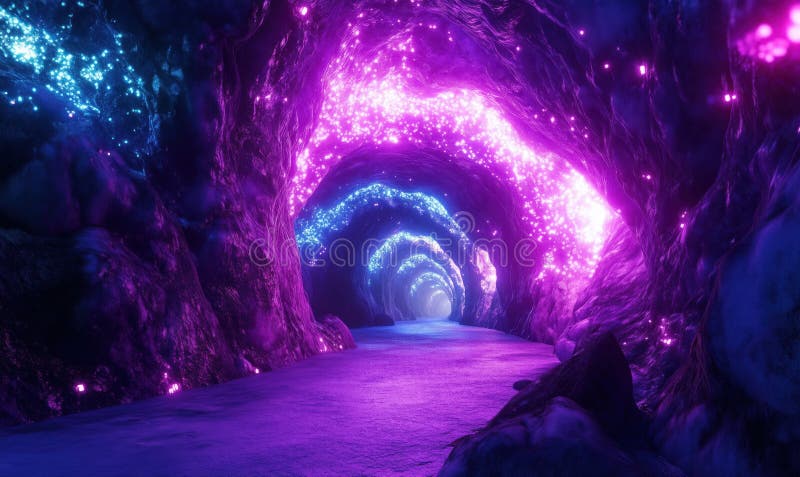 Glowing Cave Tunnel with Vibrant Purple and Blue Lights Illuminating ...