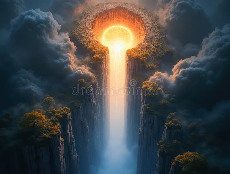Majestic Celestial Portal Amidst Towering Cliffs Stock Illustration ...